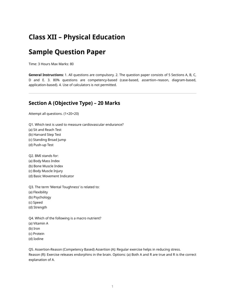 Class 12 Physical Education Sample Paper | PDF | Physical Fitness ...