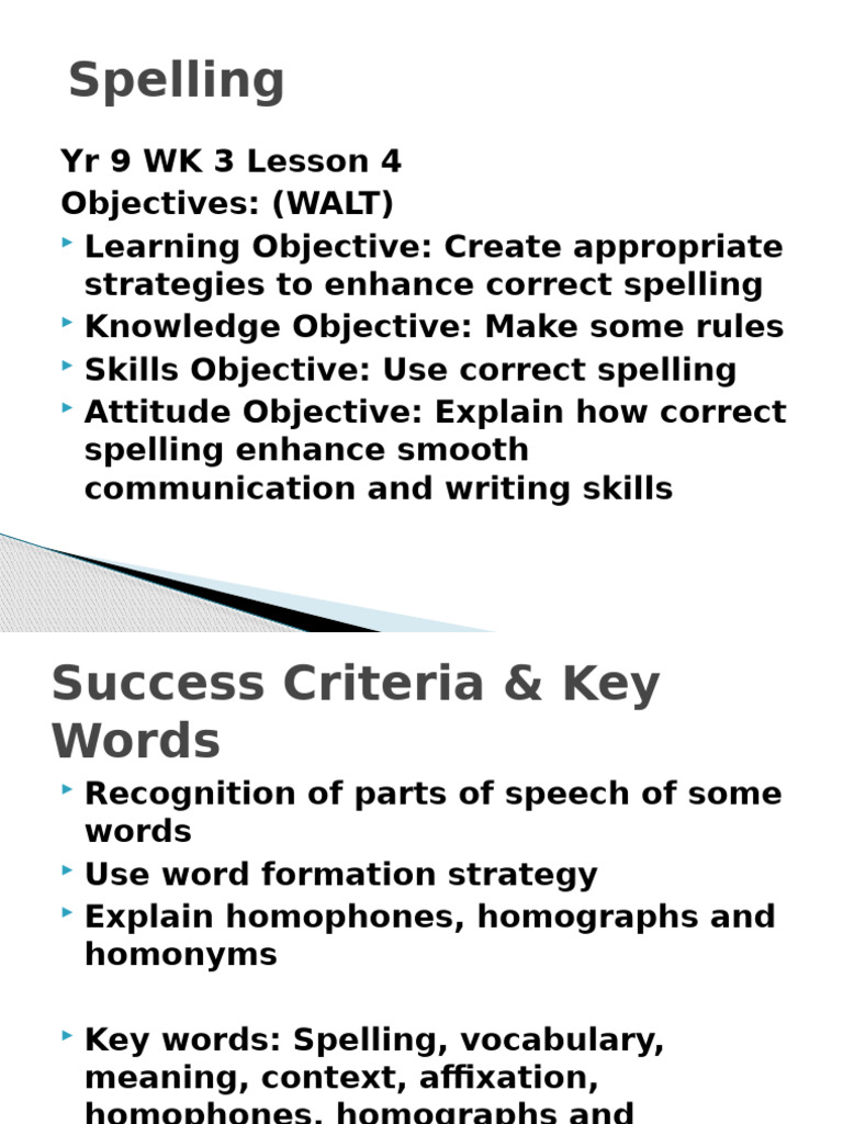 Yr 9 WK 3 Lesson 4 Spelling Strategies PPT 1 | PDF