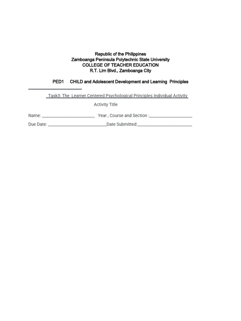 Tasks 3 Learner Centered Psychological Principles Individual Activity | PDF