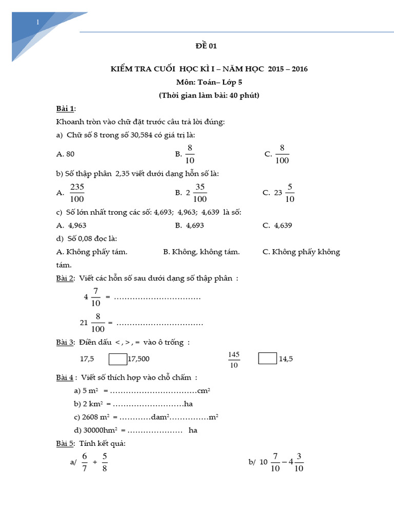Tuyển Tập 50 Đề Thi Học Kỳ 1 Lớp 5 (1) | PDF