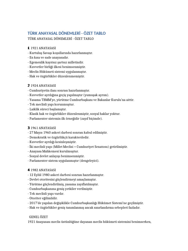 Turk Anayasal Donemler Ozet | PDF