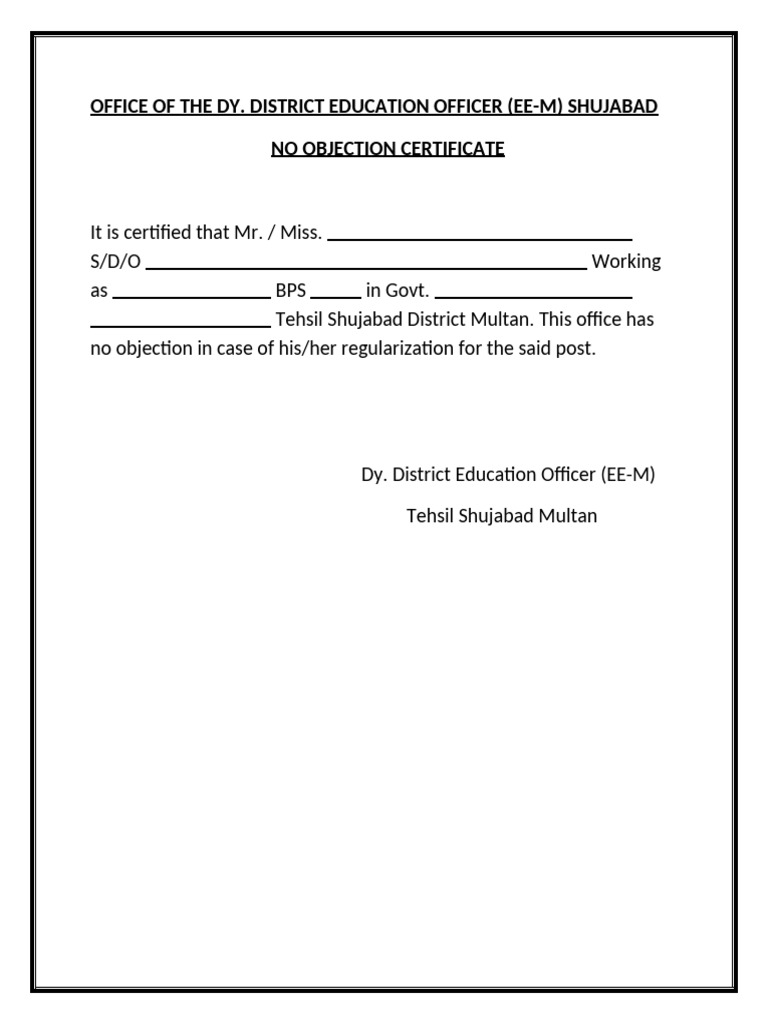 No Objection Certificate for Teacher | PDF