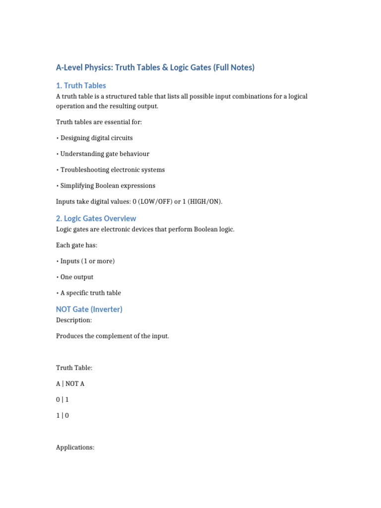 A-Level Physics: Truth Tables & Gates | PDF | Logic Gate | Computer ...