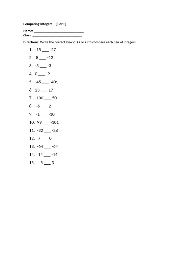 Integer Comparison Symbols Guide | PDF