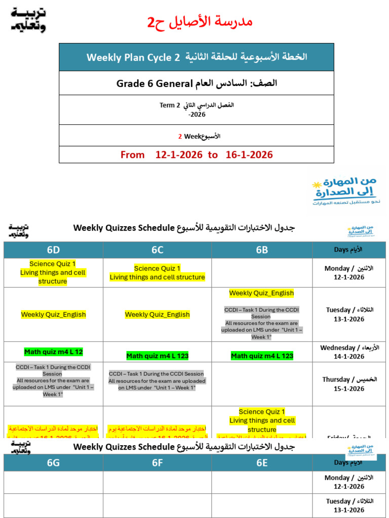 Weekly Plan Grade (6) Week (2) General | PDF