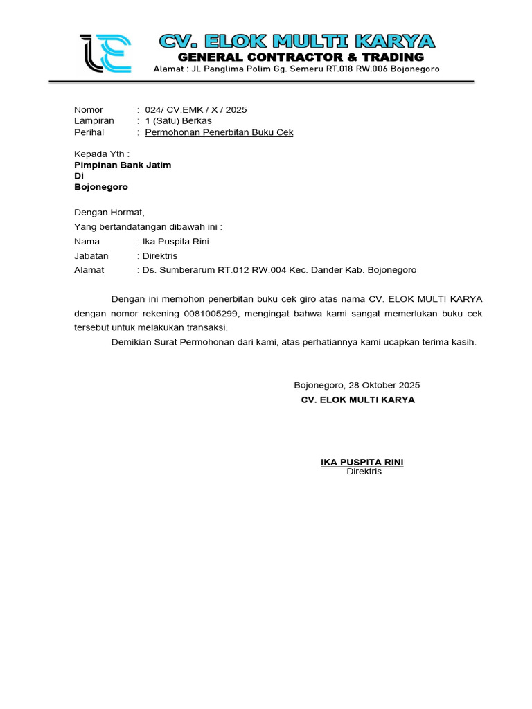 Surat Permohonan Cek Giro-Cv Elok | PDF