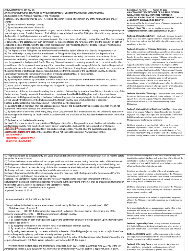 Philippine Citizenship Loss and Reacquisition | PDF | Naturalization ...