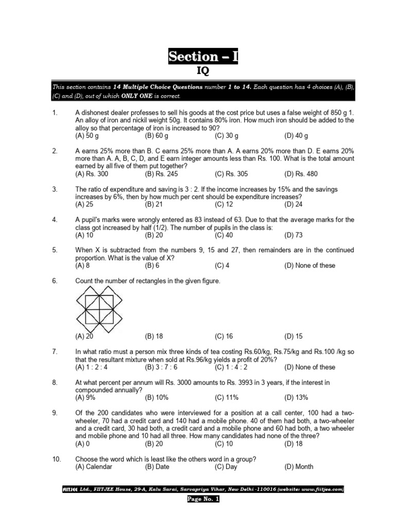 IQ Test: 14 MCQs for Assessment | PDF