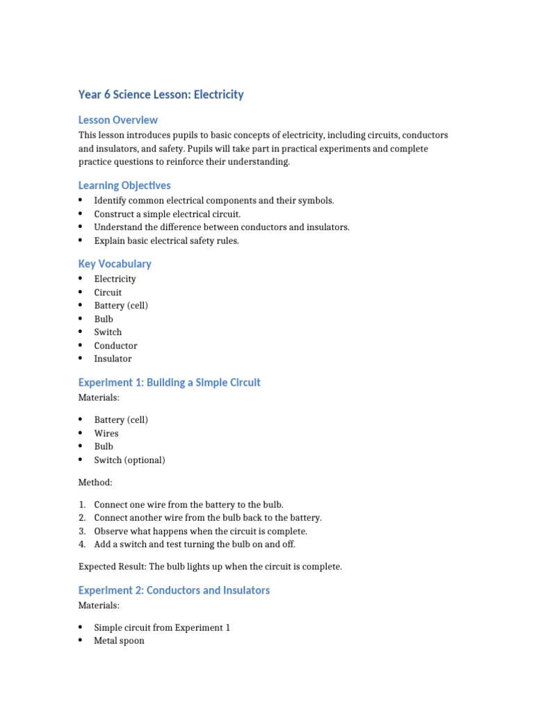 Year 6 Science Electricity Lesson | PDF