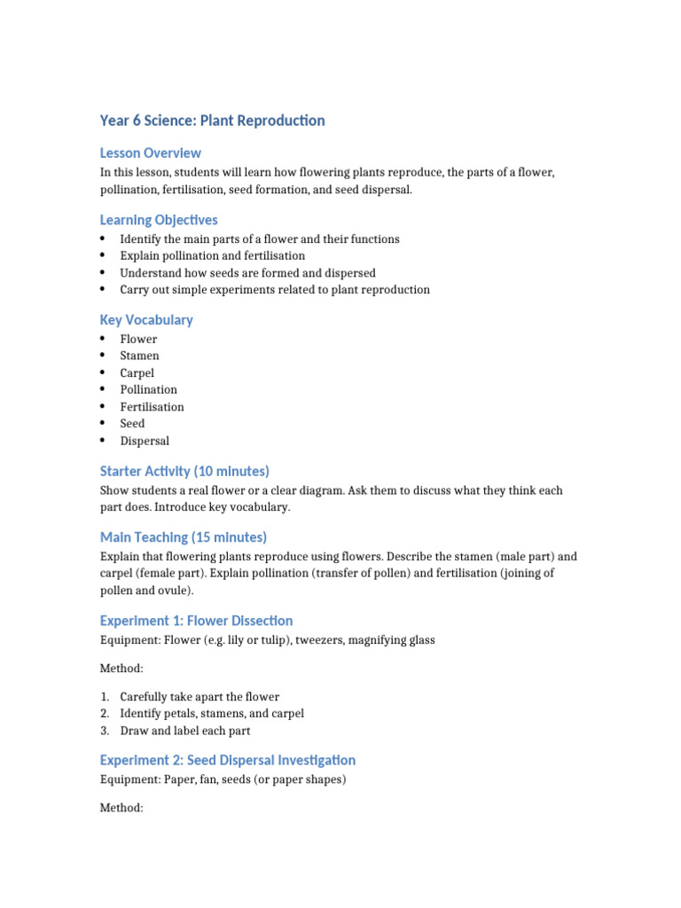 Year 6 Plant Reproduction Lesson | PDF