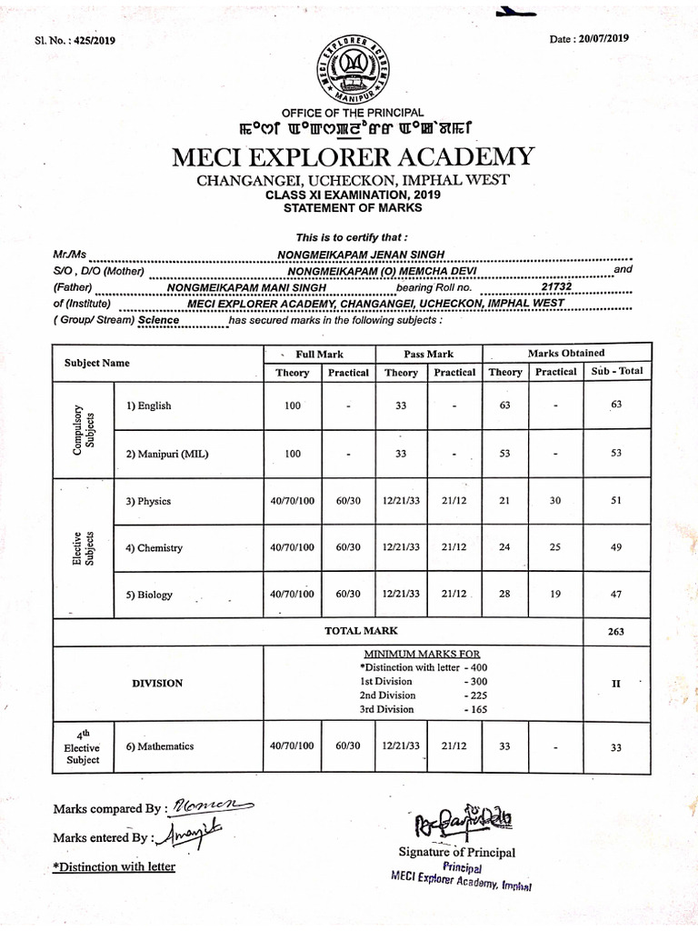 11th Mark Sheet | PDF