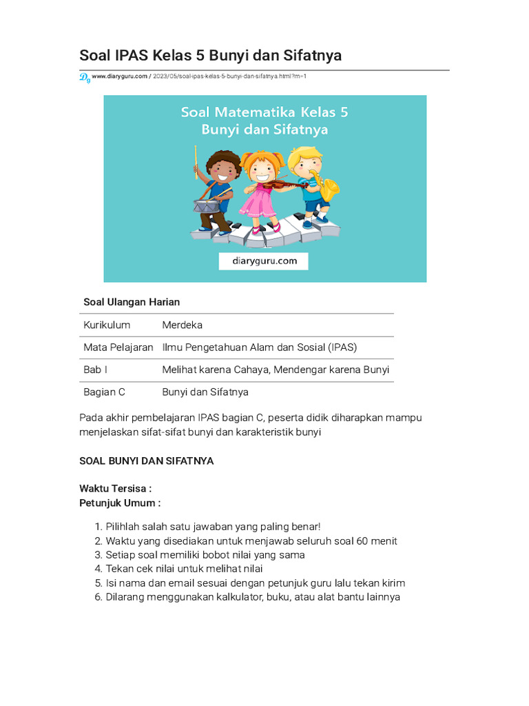 Soal IPAS Kelas 5: Bunyi dan Sifatnya | PDF