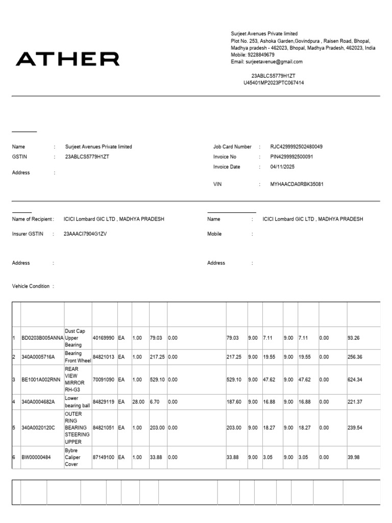 Tax Invoice for Vehicle Parts and Services | PDF | Taxes | Payments