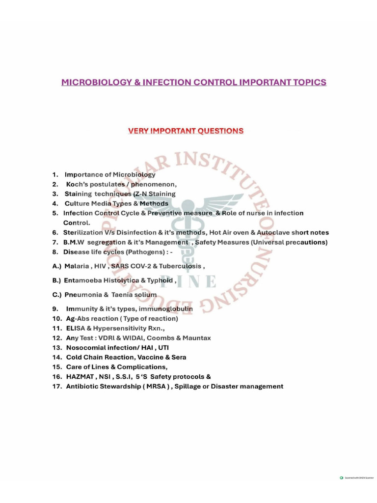 Microbiology Important Topics List For Academic Exams Aa | PDF
