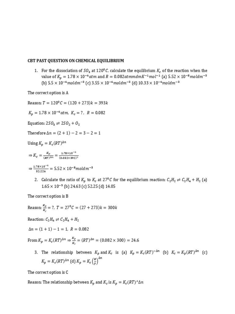 CBT Questions on Chemical Equilibrium | PDF | Chemical Equilibrium ...