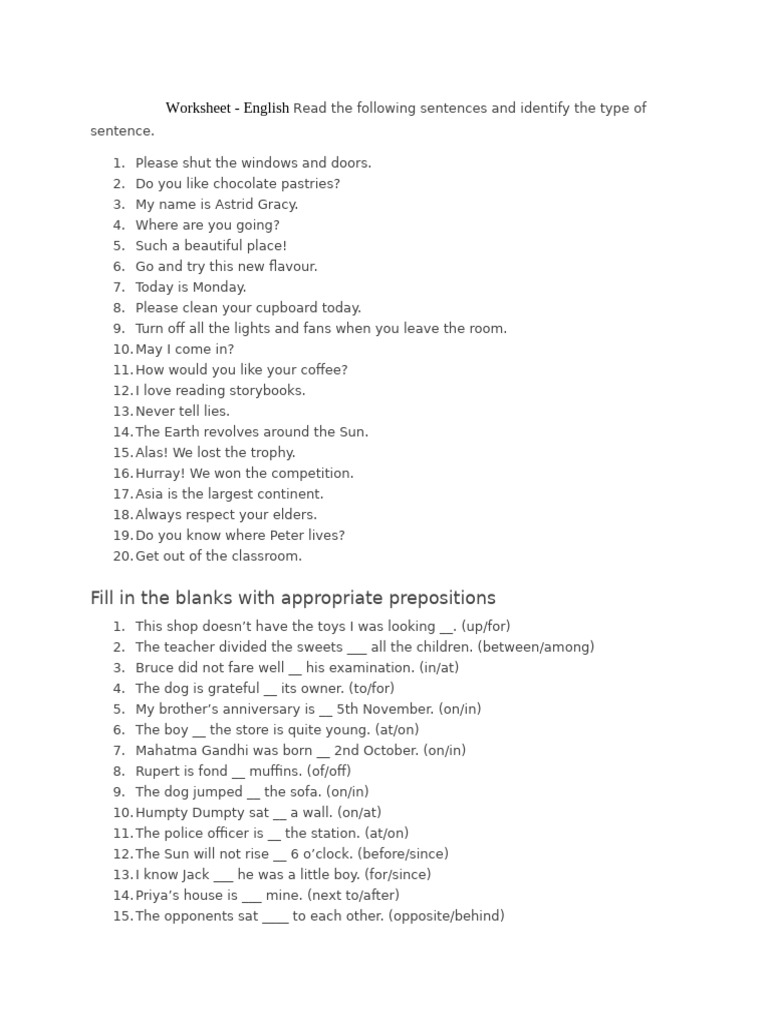 Sentence Types and Prepositions Worksheet | PDF