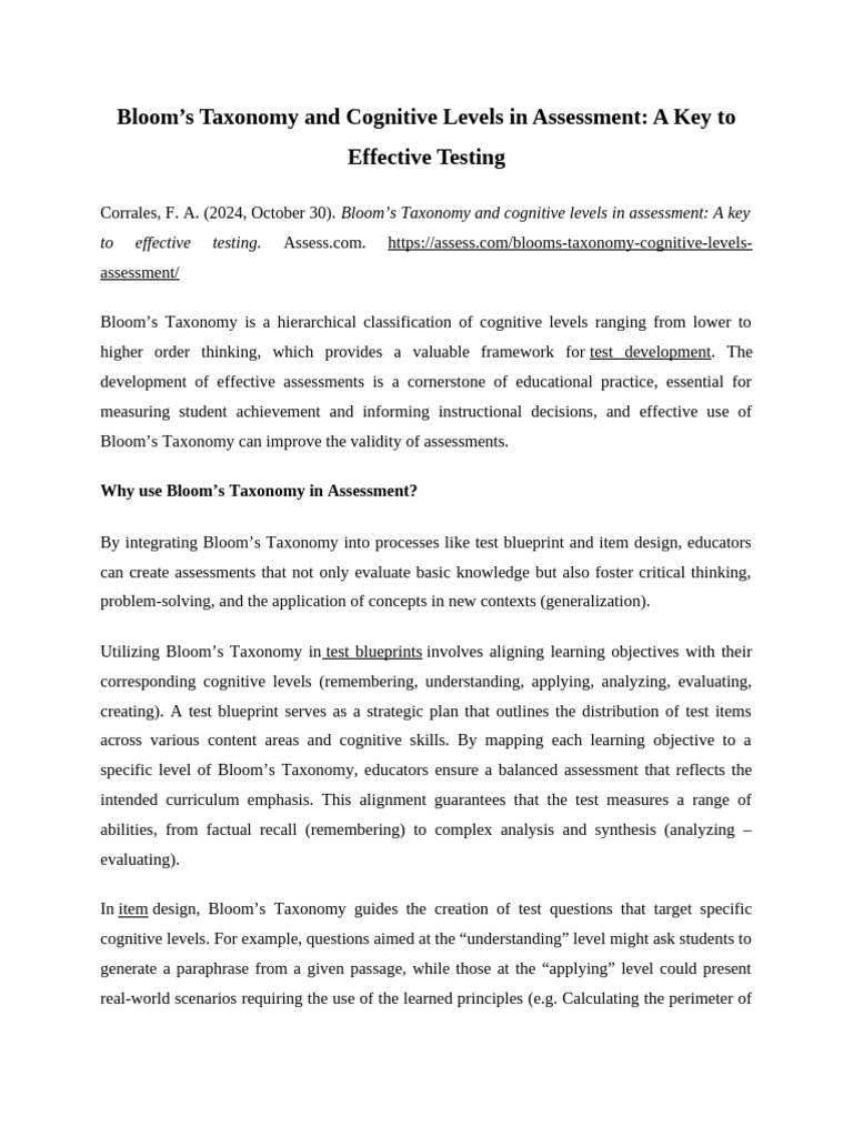 Bloom's Taxonomy for Effective Assessments | PDF | Psychometrics ...