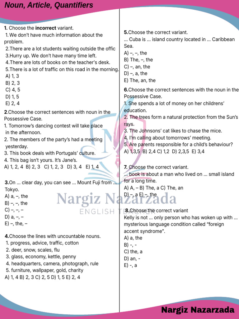 Noun, Article, and Quantifier Exercises | PDF | Syntax | Grammar