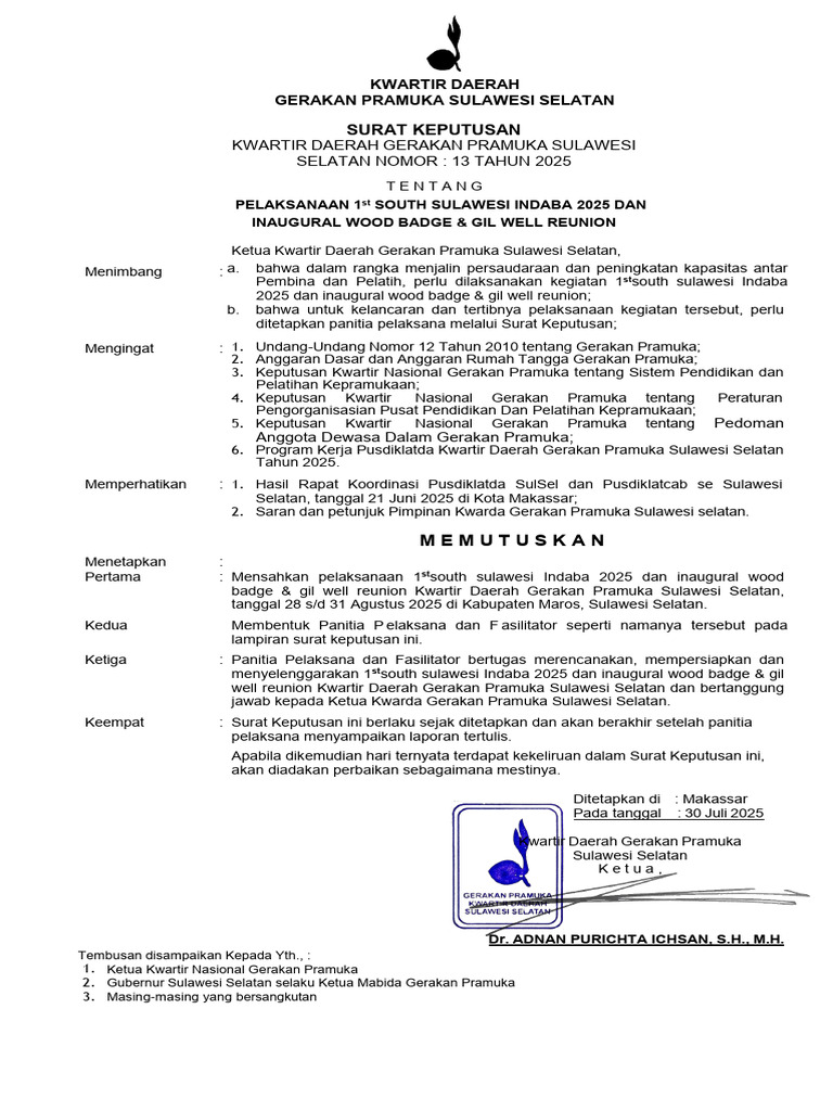 Indaba Pramuka Sulsel 2025: SK Kegiatan | PDF