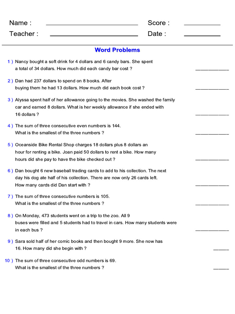 Math - Algebra - Algebraic Word Problems | PDF