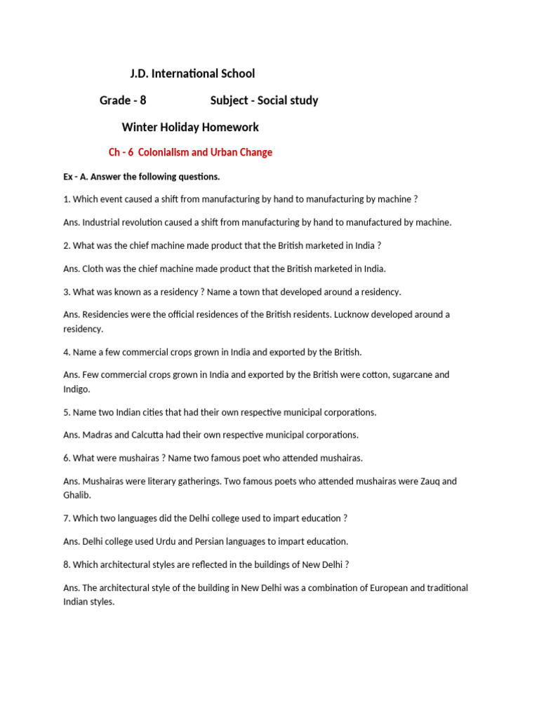 Grade 8 Social Studies Holiday Homework | PDF