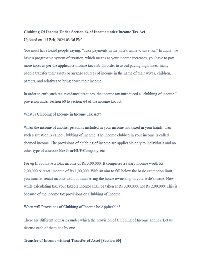 Clubbing of Income Under Section 64 of Income Under Income Tax Act ...