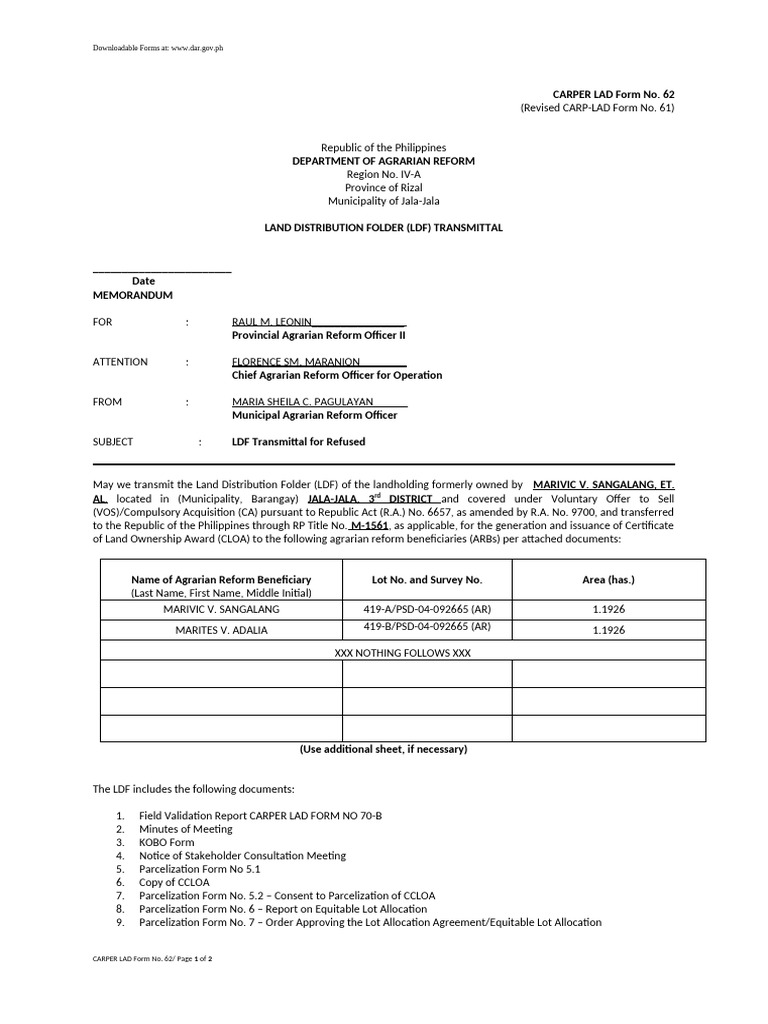 CARPER LAD Form No.62 LDF Transmittal To PARO SANGALANG | PDF | Chess ...