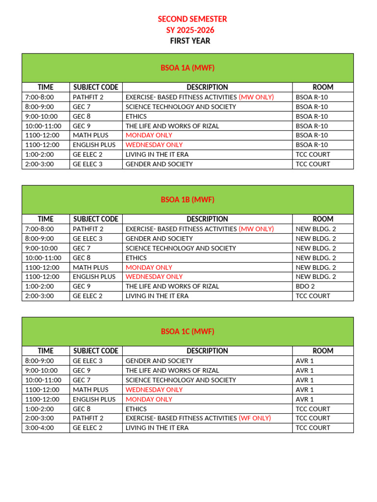 Second Semester First Year Final Schedule | PDF