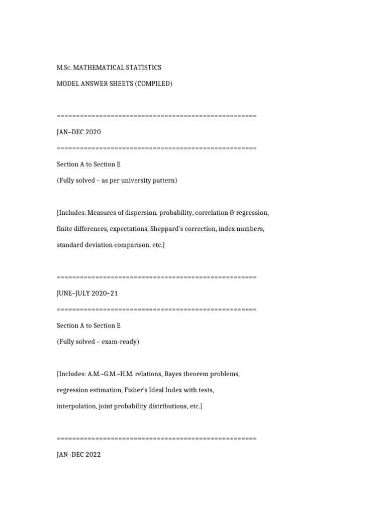 M.Sc. Mathematical Statistics Model Answers | PDF