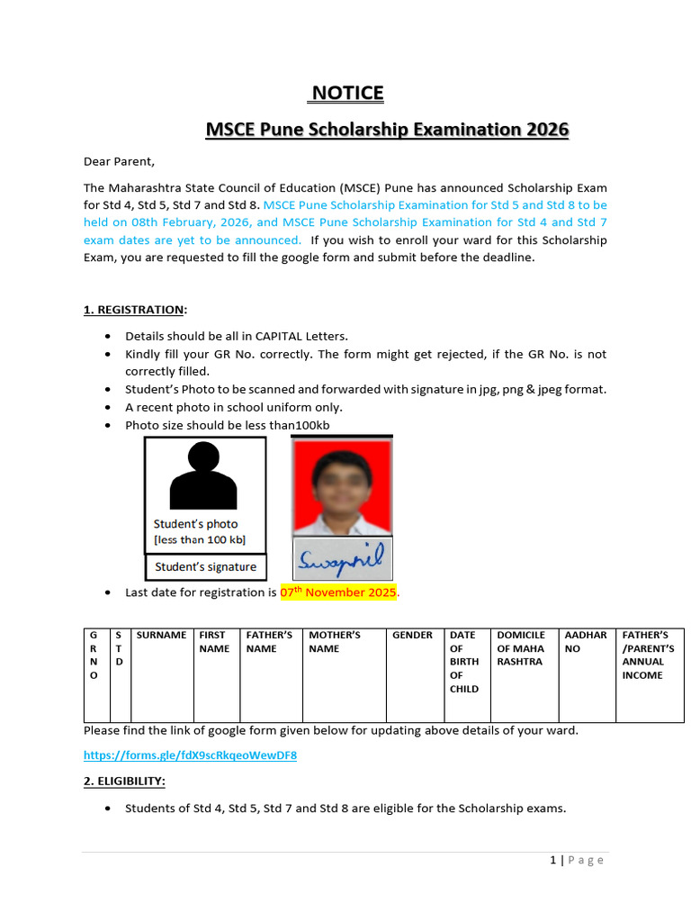 MSCE Pune Scholarship Exam 2026 Details | PDF
