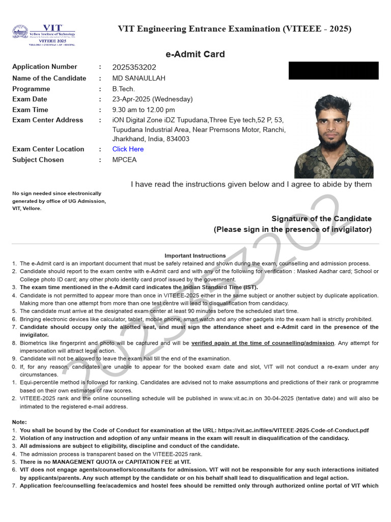 VITEEE 2025 e-Admit Card Details | PDF
