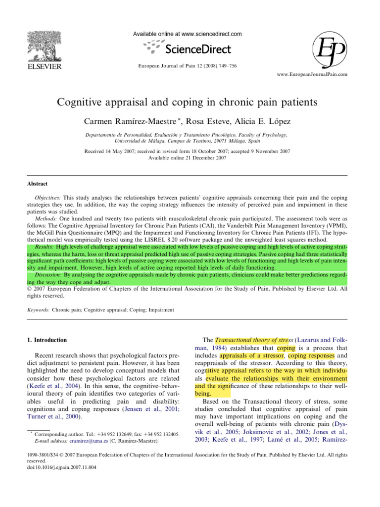 Coping Strategies in Chronic Pain Patients | PDF | Errors And Residuals ...