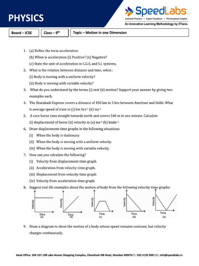 Motion in One Dimension Worksheet | PDF