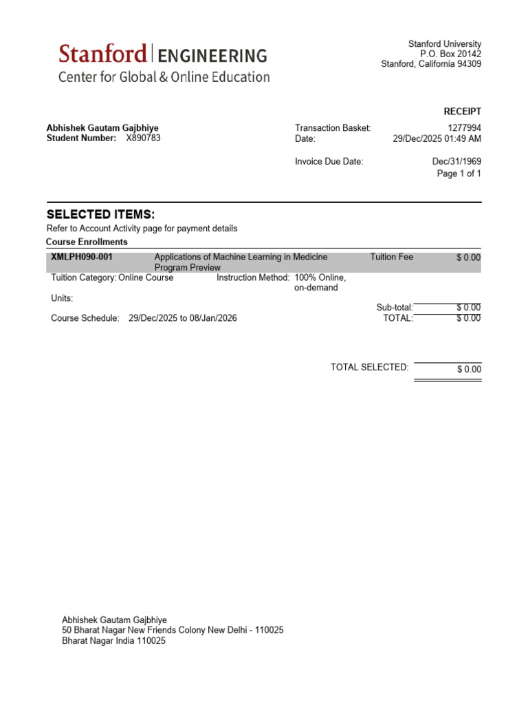 Stanford Engineering Center For Global & Online Education Receipt | PDF