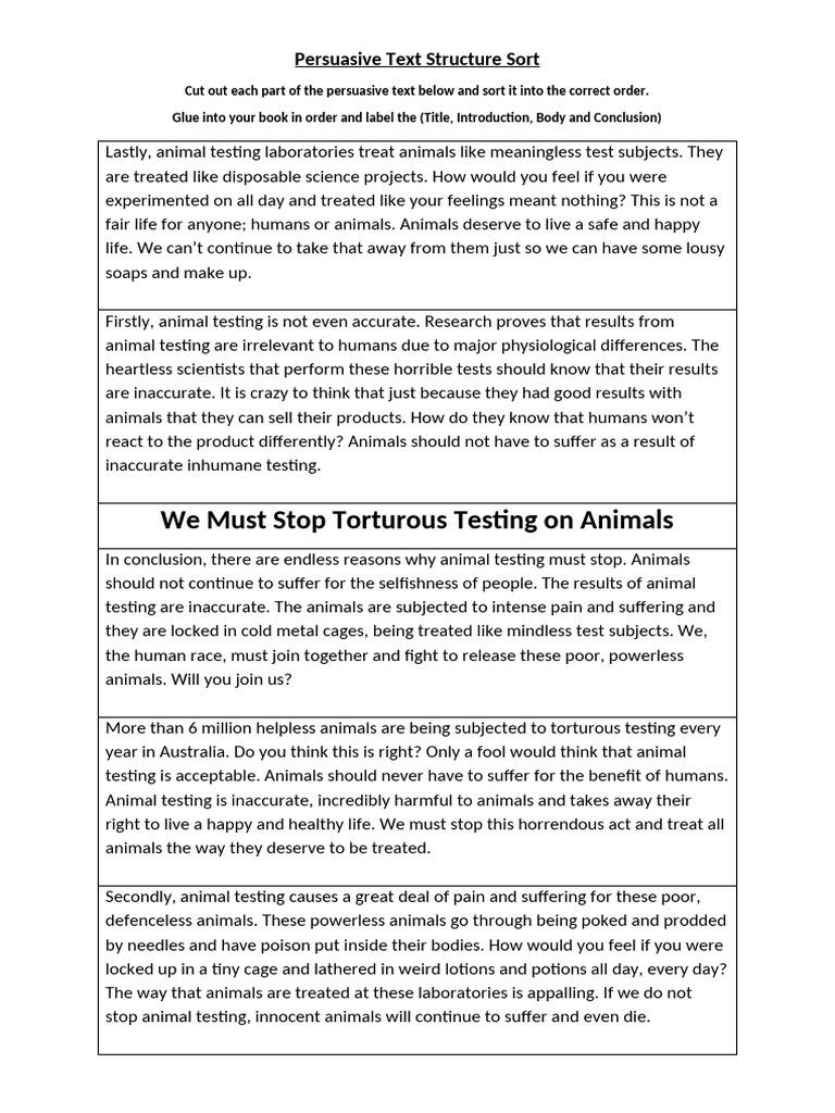 We Must Stop Torturous Testing On Animals: Persuasive Text Structure ...