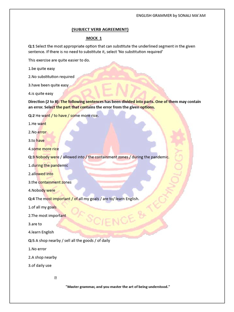Subject Verb Agreement Test | PDF | Agriculture | Determinism