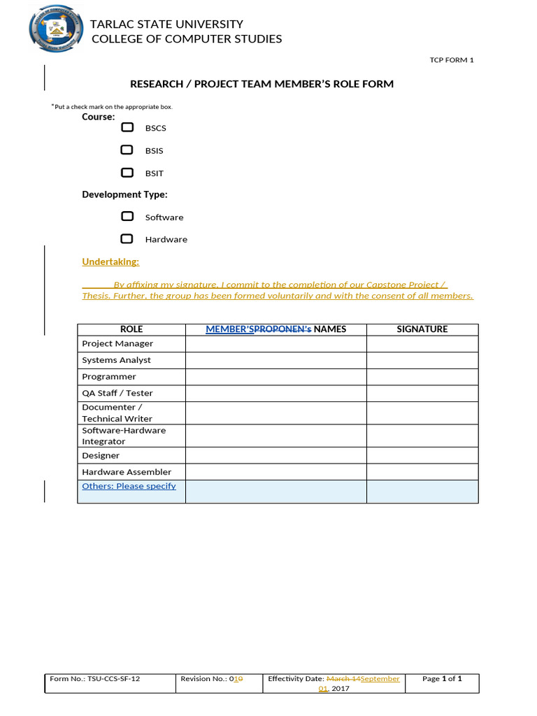 CCS TCP FORM1-Rev2 (Team Members Role Form) | PDF
