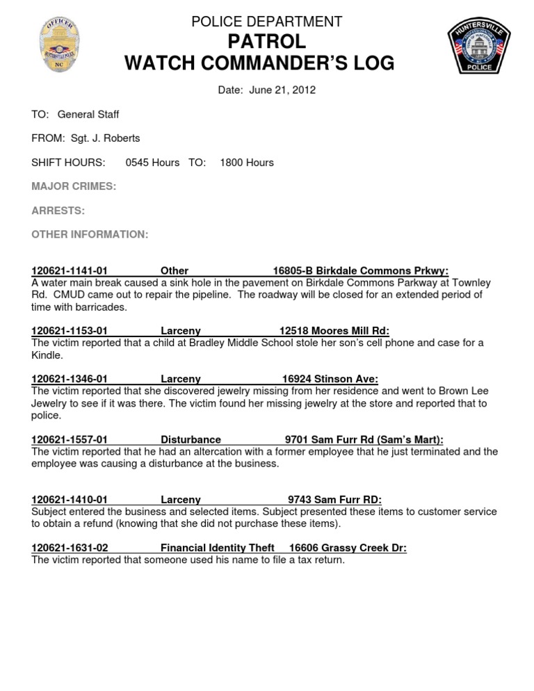 HPD Patrol Watch Log 6-21-12 Day | PDF