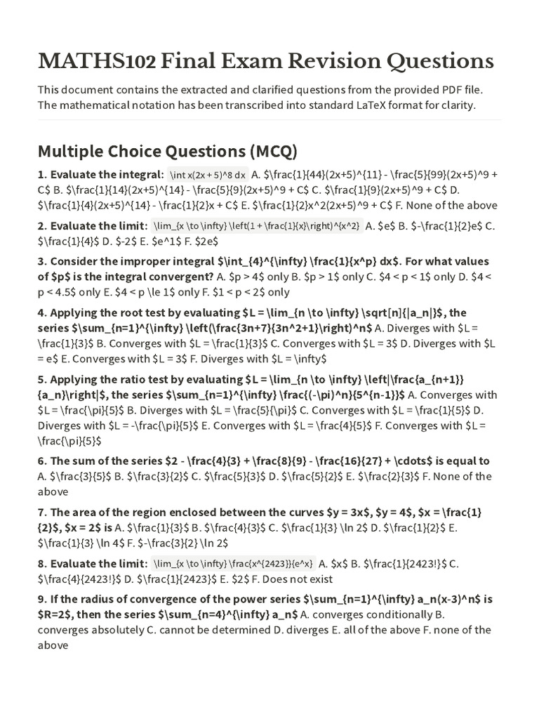 MATHS102 Final Exam Revision Questions | PDF | Mathematics ...
