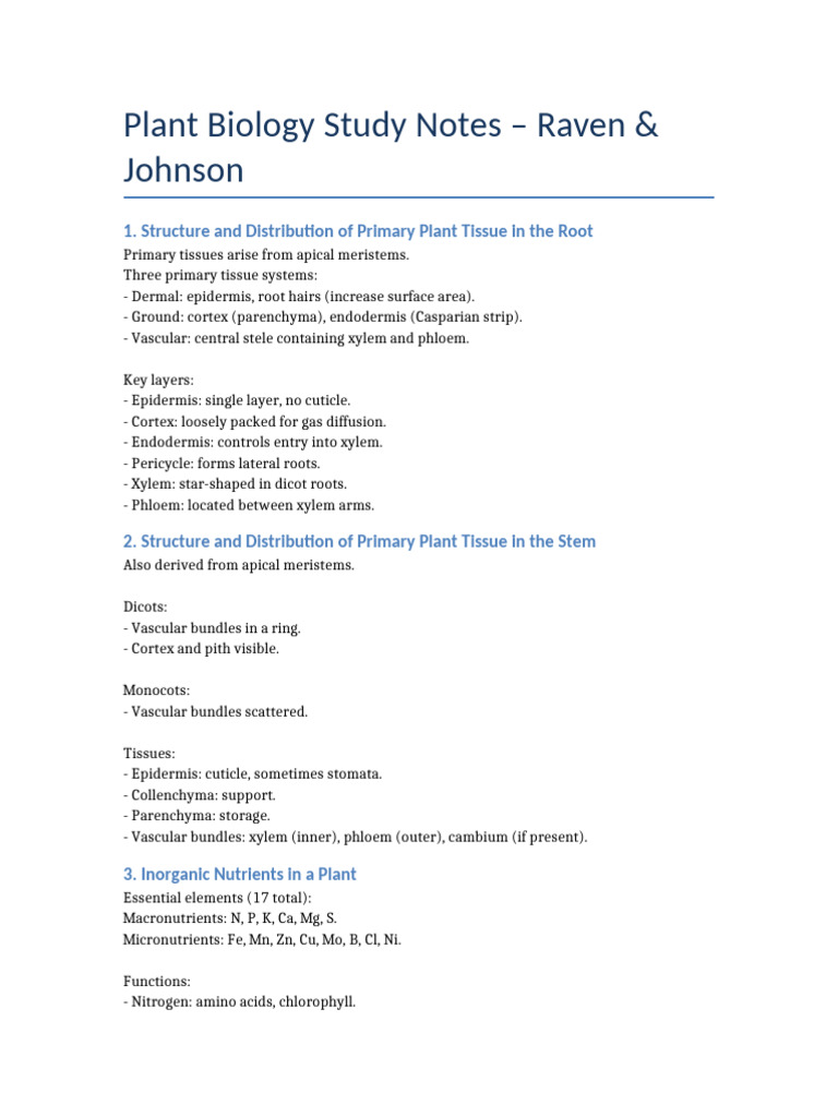 Plant Biology Study Notes Overview | PDF | Photosynthesis | Tissue ...