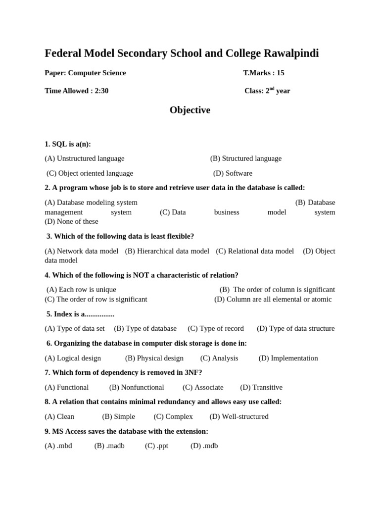 Computer Science Exam Paper - 2nd Year | PDF | Databases | Data Model