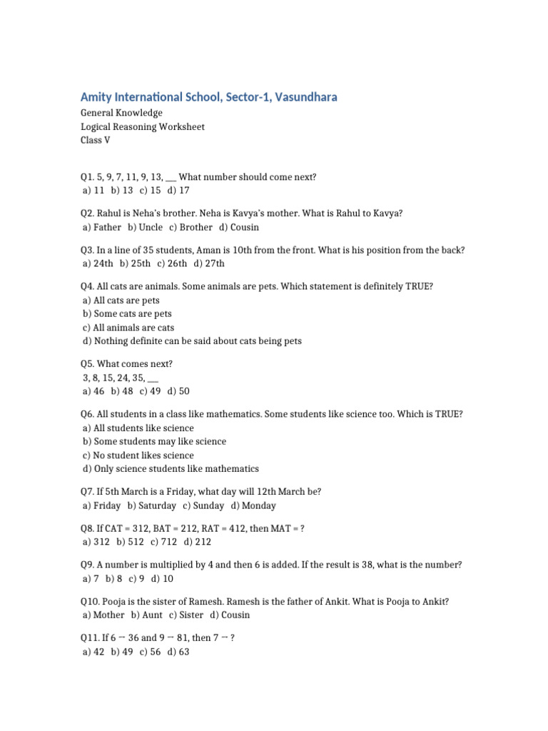 Logical Reasoning Worksheet Class V | PDF