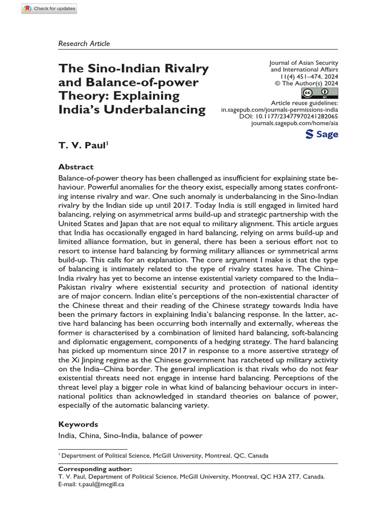 Paul 2024 The Sino Indian Rivalry and Balance of Power Theory ...
