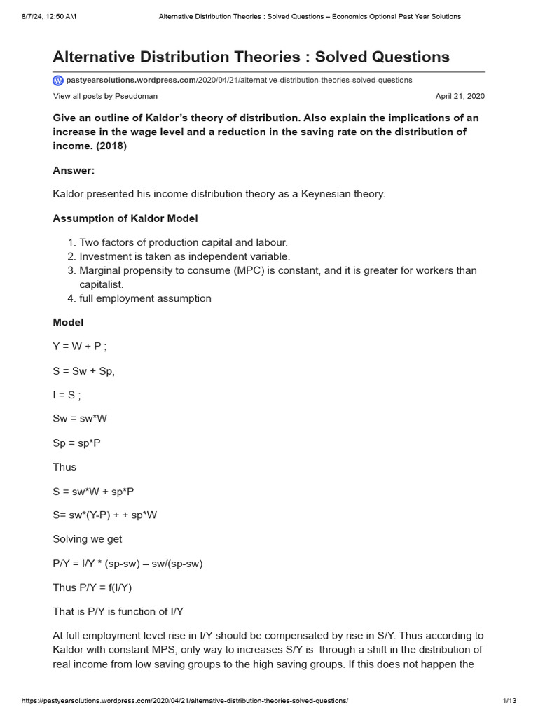 Kaldor and Kalecki Distribution Theories | PDF | Labour Economics ...