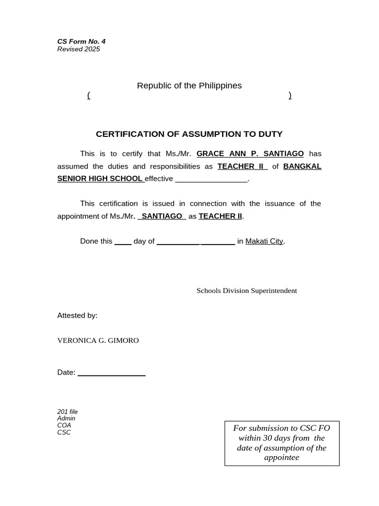 5 CS Form 4 Revised 2025 Certification of Assumption To Duty | PDF