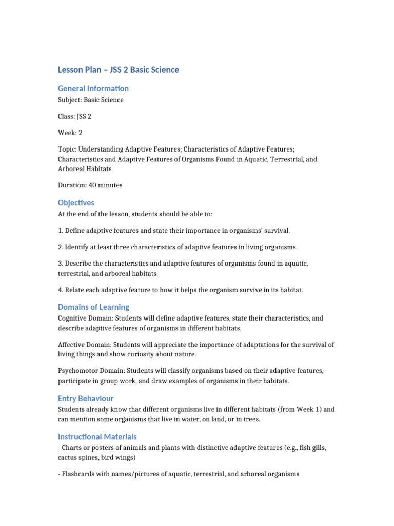 Lesson Plan JSS2 Adaptive Features | PDF | Habitat | Adaptation