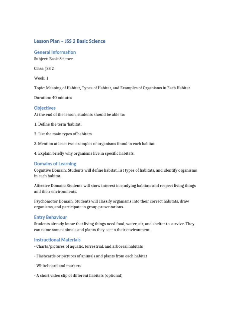 JSS 2 Basic Science: Habitats Lesson Plan | PDF | Habitat | Lesson Plan