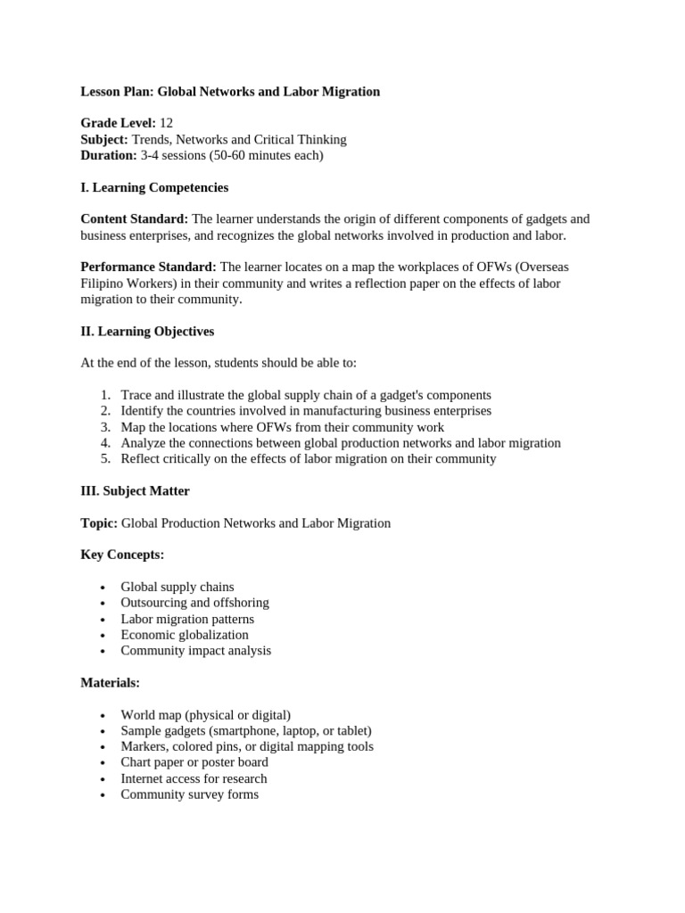 Global Networks in Labor Migration Lesson | PDF | Migrant Worker ...