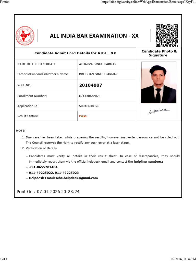 AIBE XX Candidate Admit Card Details | PDF