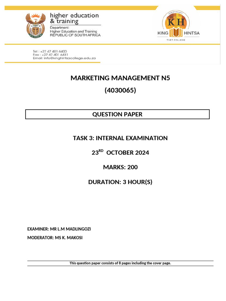 Marketing Management N5 Exam Paper | PDF | Brand | Marketing